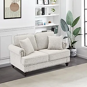 JEEOHEY 57" W Comfy Love Seat Sofa Couch,Chenille Fabric 2 Seater Sofa,Mid Century Modern Sofa,Deep Seat Sofa with Rolled Arms & Nailhead Trim for Living Room,Office,Apartment,Small Place(White)