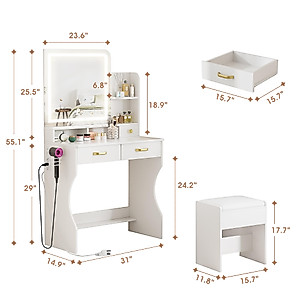 Alohappy Vanity Desk with LED Lighted Mirror and Charging Station, Makeup Vanity Table Set with 3 Drawers & Storage Shelves & Stool, 3 Lighting Modes Adjustable Brightness, for Bedroom Dressing Room
