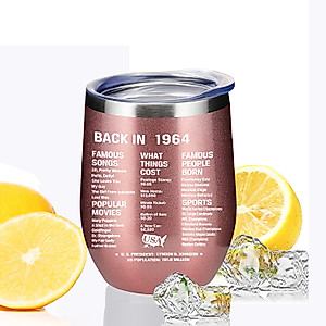 60th Birthday Gifts for Women Friends, 12 Oz Insulated Stainless Steel Wine Tumbler with Lid, Double Side Printed Birthday Thermos cup, Back in 1964 Old Time Information, Best Birthday Gifts