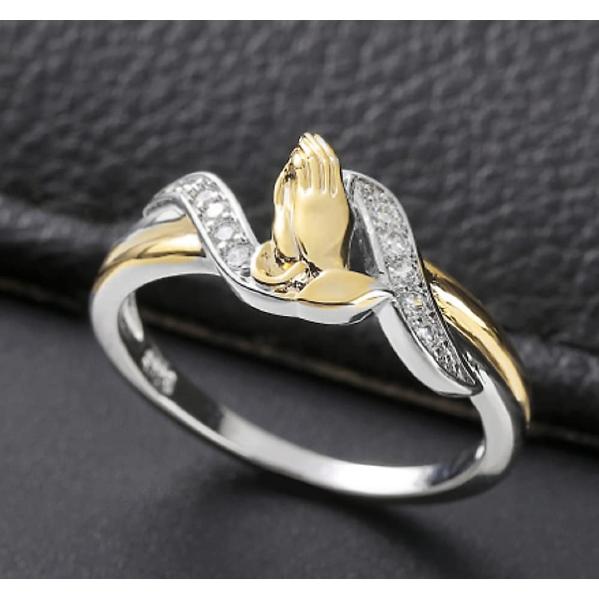HUKQBUNX 18K Gold Diamond Prayer Hand Two Color Ring Prayer Gesture Palm Ring Cubic Zircon Universal Blessing Ring Size 6-10 (Size 7)