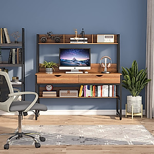 Tribesigns Large Computer Desk with Bookshelf and Drawers, Writing Desk Gaming Gamer Table with Storage and Hutch, 47 “Wood and Metal Craft Table for Home Office