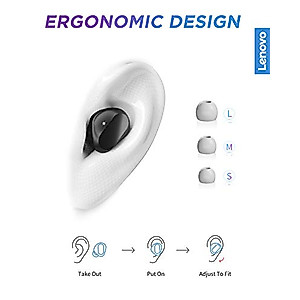 Lenovo True Wireless Earbuds Bluetooth 5.0 IPX5 Waterproof with USB-C Quick Charge and Built-in Microphone for Work/Travel/Gym (Black)