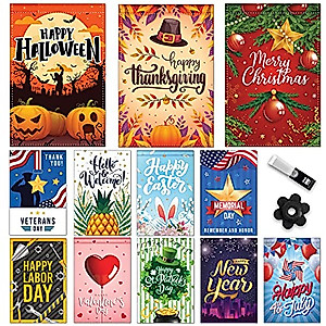 Seasonal Garden Flag Set , 12 Pack , 12 x 18 Inches , Double Sided , Yard Flags , Garden Flag Set , Small Garden Flags , Holiday Garden Flags , Outdoor Garden Flags , Free AntiWind Clip & Stopper