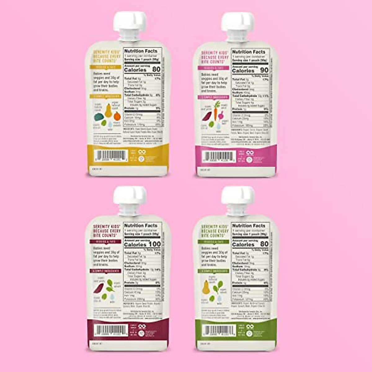 Serenity Kids 6+ Months Certified Organic Baby Food Pouches Veggie Puree | No Sugary Fruits or Added Sugar | Allergen Free | 3.5 Ounce BPA-Free Pouch | Variety Pack | 8 Count
