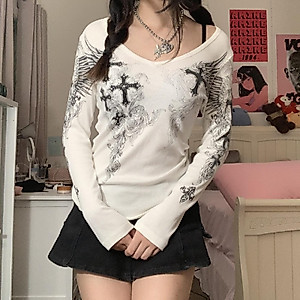 Grunge Clothes for Women Y2K Tops Long Sleeve Fairy Grunge Aesthetic Shirts Teen Girls Vintage Graphic Tees Fall (Aa- White, S)