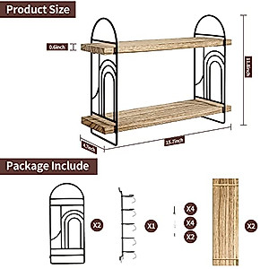 Sapowerntus Floating Shelves 2 Tier Wall Mounted with Hooks, Mid Century Modern Bathroom Kitchen Rustic Wood Hanging Shelf, Coffee Bar Display Storage Decor, Arched Geometry Bracket Design
