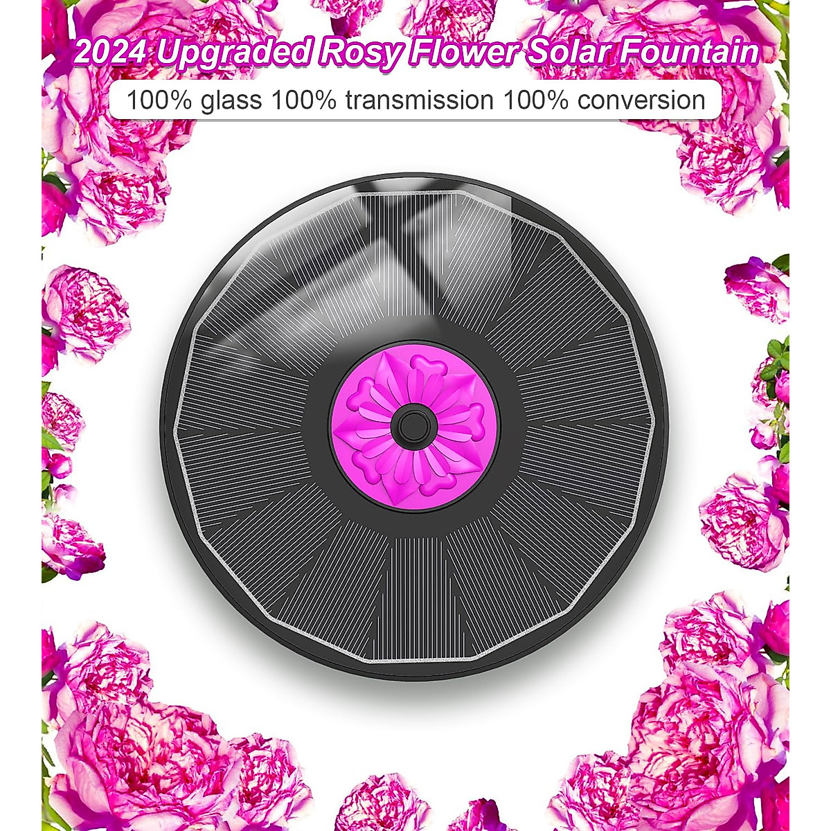 SZMP Solar Fountain 3.5W Bird Bath Fountains with Rosy Flower 2024 Upgraded 100% Glass Panel, Solar Powered Water Fountain with 7 Nozzles, Solar Fountain Pump for Pool, Pond, Garden, Outdoor (Black)