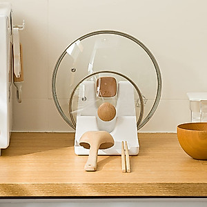 Poeland Pot Lid Holder Organizer, Plastic Wavy-Shape 2 Layers Pot Lid Stand Multifunction Kitchen Countertop Storage Rack for Pot Lids, Spoons, Cutting Board