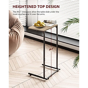 Evermagin C Shaped End Table with Charging Station, Small Side Table for Recliner, Over Couch Table with Outlet and Storage Bag, Slide Under Sofa Tray Table for Living Room, Bedroom, Greige