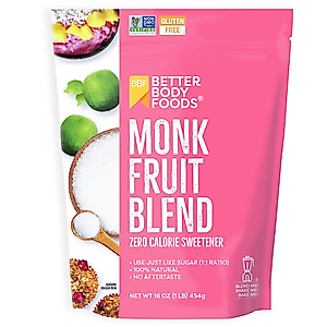 BetterBody Foods Monk Fruit Sweetener Blend, Raw Cane Sugar Substitute, Zero Calorie, Keto Diet Friendly, Zero Net Carbs, Zero Glycemic, Baking, Extract, Sugar Replacement, 1lb, 16 oz