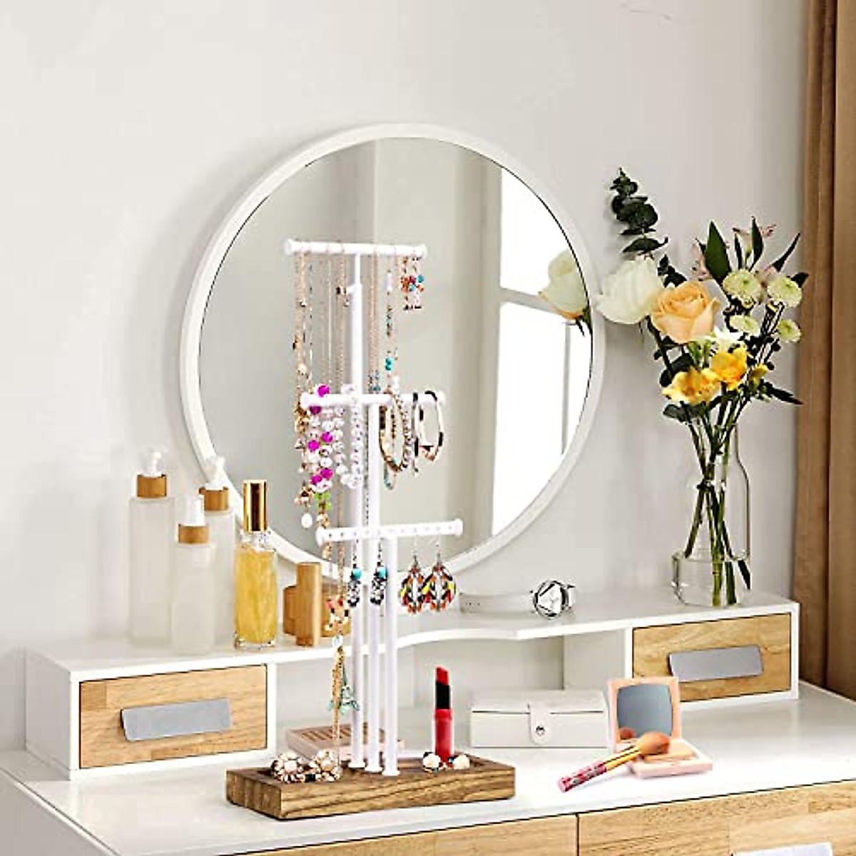 Love-KANKEI Jewelry Tree Stand White Metal and Wood Base Large Storage Jewelry Organizer for Necklaces Bracelets Earrings Holder Jewelry Display White and Carbonized Black