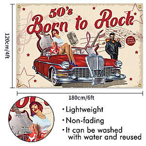 Born to Rock Backdrop Banner Decor Beige - 50s Rock and Roll Birthday Party Theme Decorations for 1950's Men Women Supplies