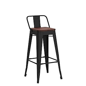 HAOBO Home 30" Low Back Barstools Metal Stool with Wooden Seat [Set of 4] Counter Height Bar Stools, Matte Black