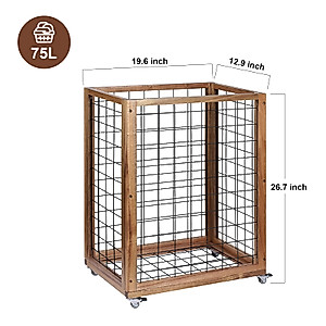 EVERBBKING Laundry Hamper with Wheels, Rolling laundry hamper with lid,acacia wood laundry cart, 2 section Laundry Basket, 75L capacity with Removable Liner Bag for laundry room,bedroom