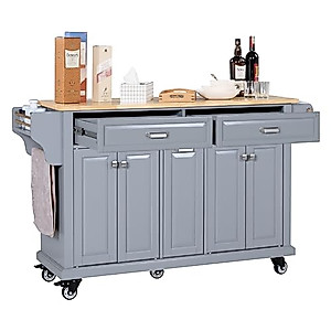 Cambridge Rolling Kitchen Island on Wheels Utility Cart with Spice and Towel Racks and Rubber Wood Countertop, Storage Drawers, Door Cabinets, Gray