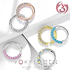 Forbidden Body Jewelry 16g CZ Lined Bendable Septum/Daith/Cartilage Hoop - 14k Gold Plated/Clear
