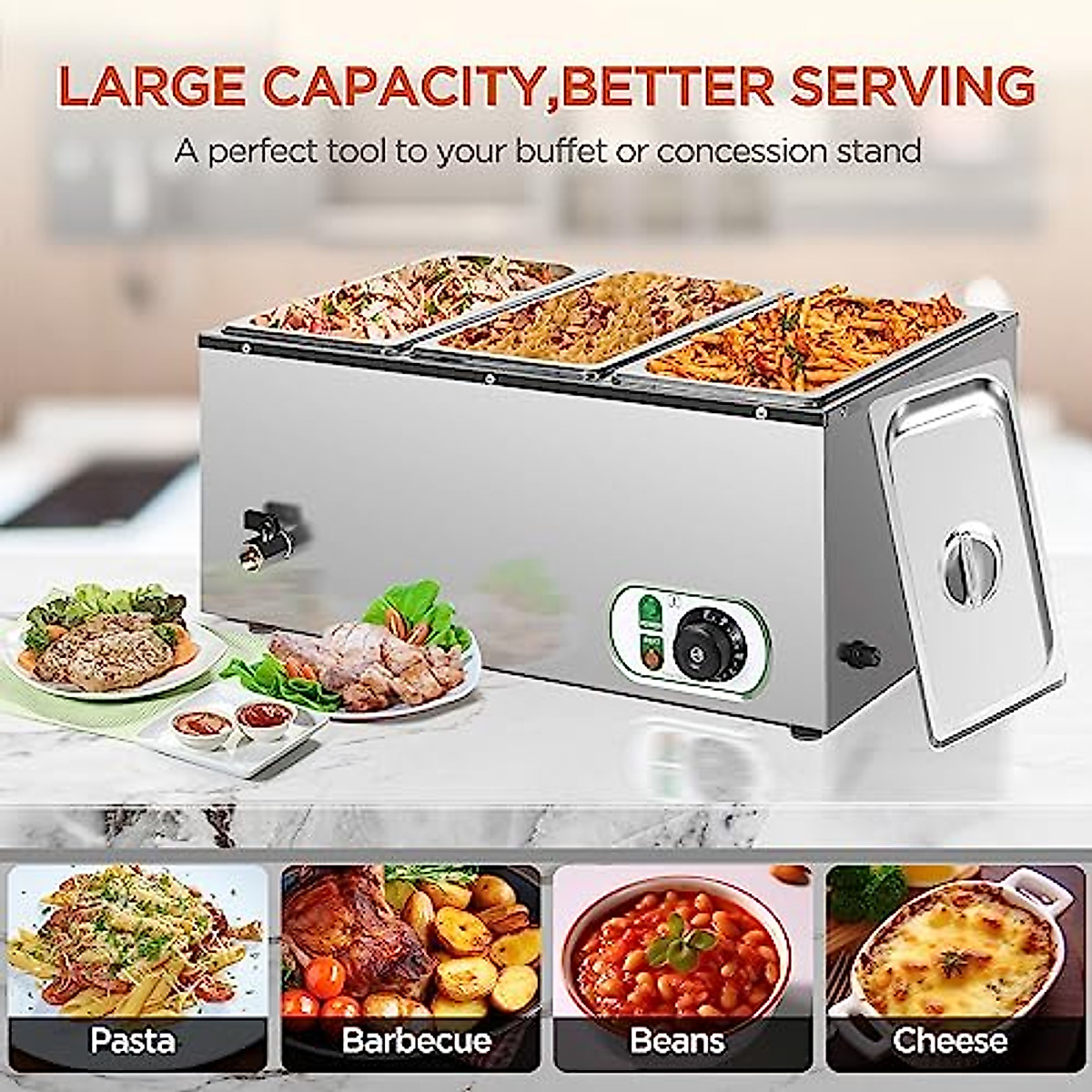 Cavlhils 3-Pan Commercial Bain Marie Buffet Steam Table Stainless Steel Food Warmer, 3x7QT 6" Deep 1500W Electric Countertop Warmers with 86-185°F Temp Control for Parties, Catering, Restaurant