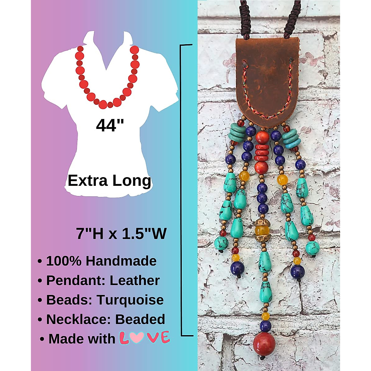 DREMINOVA Turquoise Beads Bohemian Boho Necklace Extra Long Cowboy Western Lethaer Adjustable Statetment Trendy Women’s Jewelry (Artistic Ethnic)