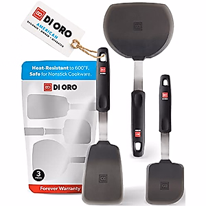 DI ORO Silicone Turner Spatula Set - Kitchen Spatulas for Nonstick Cookware - Flexible & Thin Cooking Turners for Flipping Pancakes & Eggs - 600°F Heat-Resistant & BPA Free - Dishwasher Safe (Black)