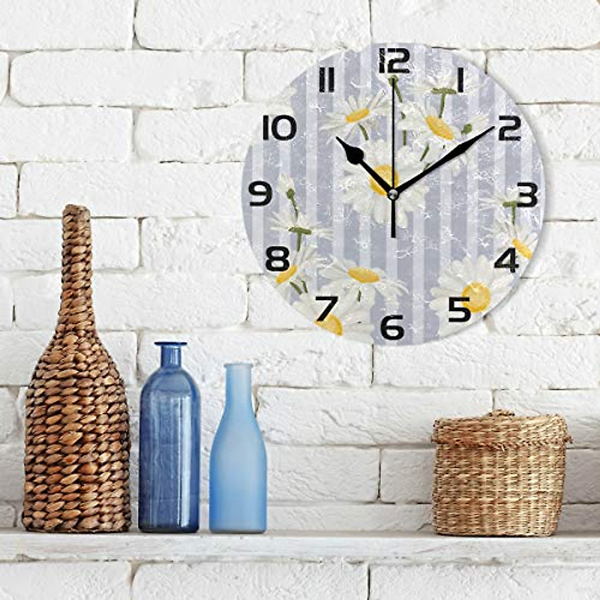 Oreayn Daisy Floral Stripe Wall Clock for Home Office Bedroom Living Room Decor Non Ticking White
