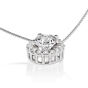 Everyday Elegance 14K Solid White Gold Pendant Necklace | Round Halo Cubic Zirconia Solitaire | 1.25 CTW | 16 Inch .60mm Box Link Chain | With Gift Box