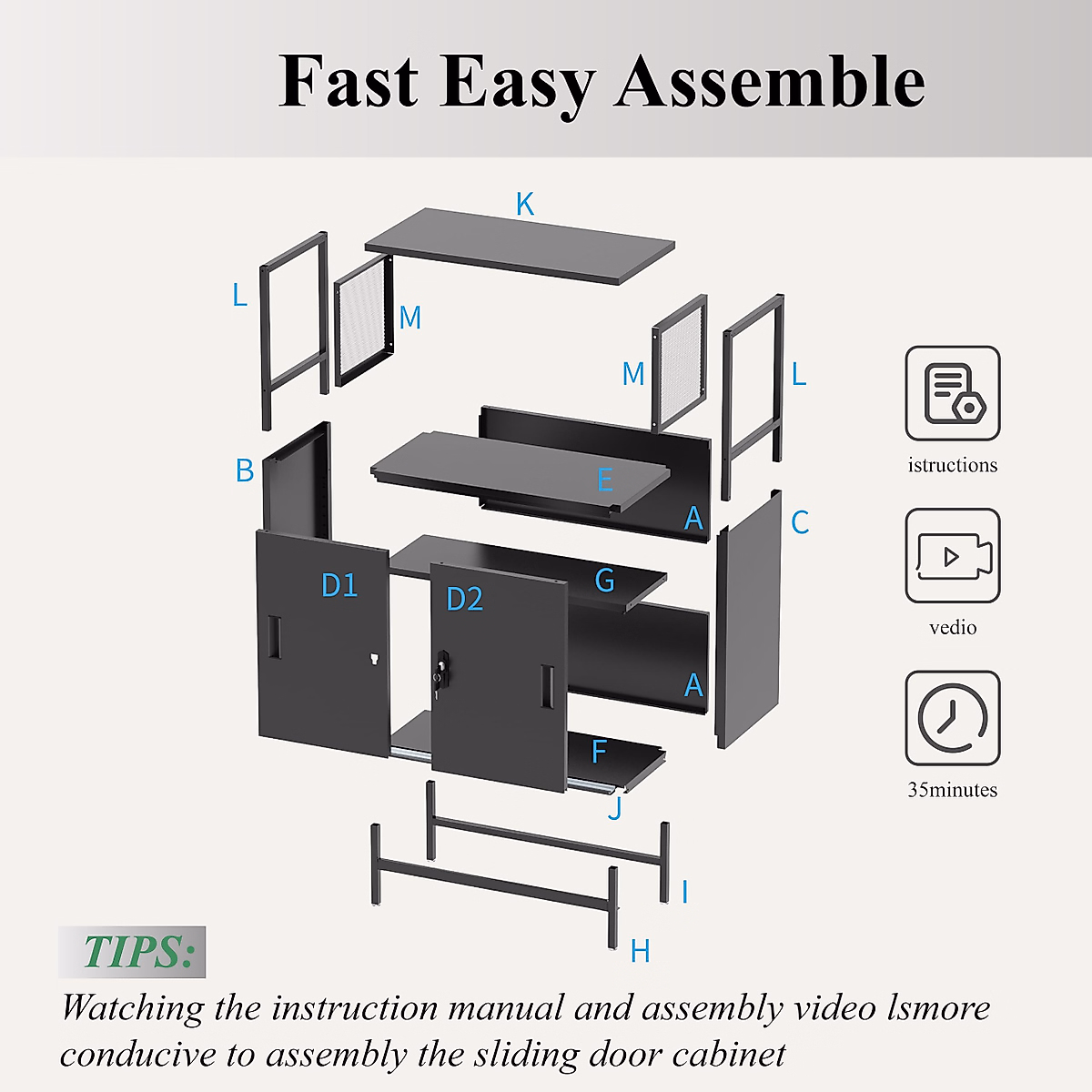 Hak Modern Metal Storage Cabinet Mobile Sliding Door with Lock | Adjustable Shelves | Multifunctional Storage Solutions for Dining Room, Kitchen, Living Room, Hallway
