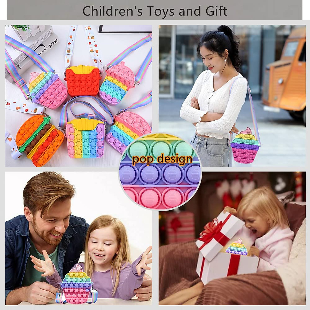 Pop purse bag for Girls, 2 in 1 Poppet Bag fidget Toy with Adjustable Shoulder Strap Length, Silicone Crossbody Small Purse Gift for Kids (Cup Cake)