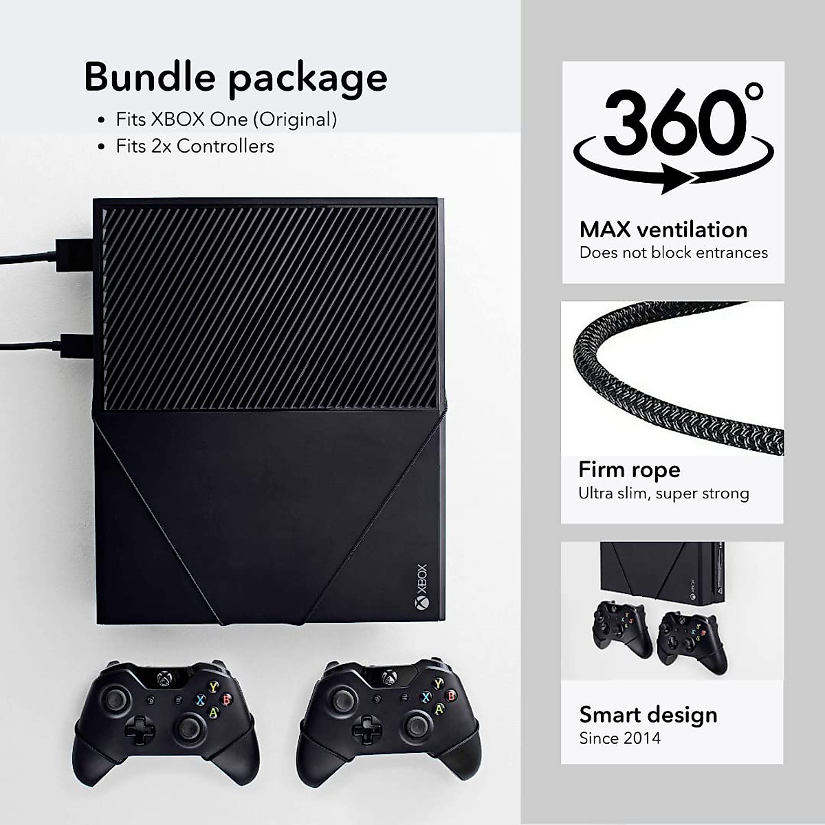 Xbox One Original Wall Mount Solution by FLOATING GRIP - Mounting Kit for Game Consoles - Effective Ventilation, Easy-to-Install System (Bundle: Fits Xbox One Original + 2X Controllers, Black)