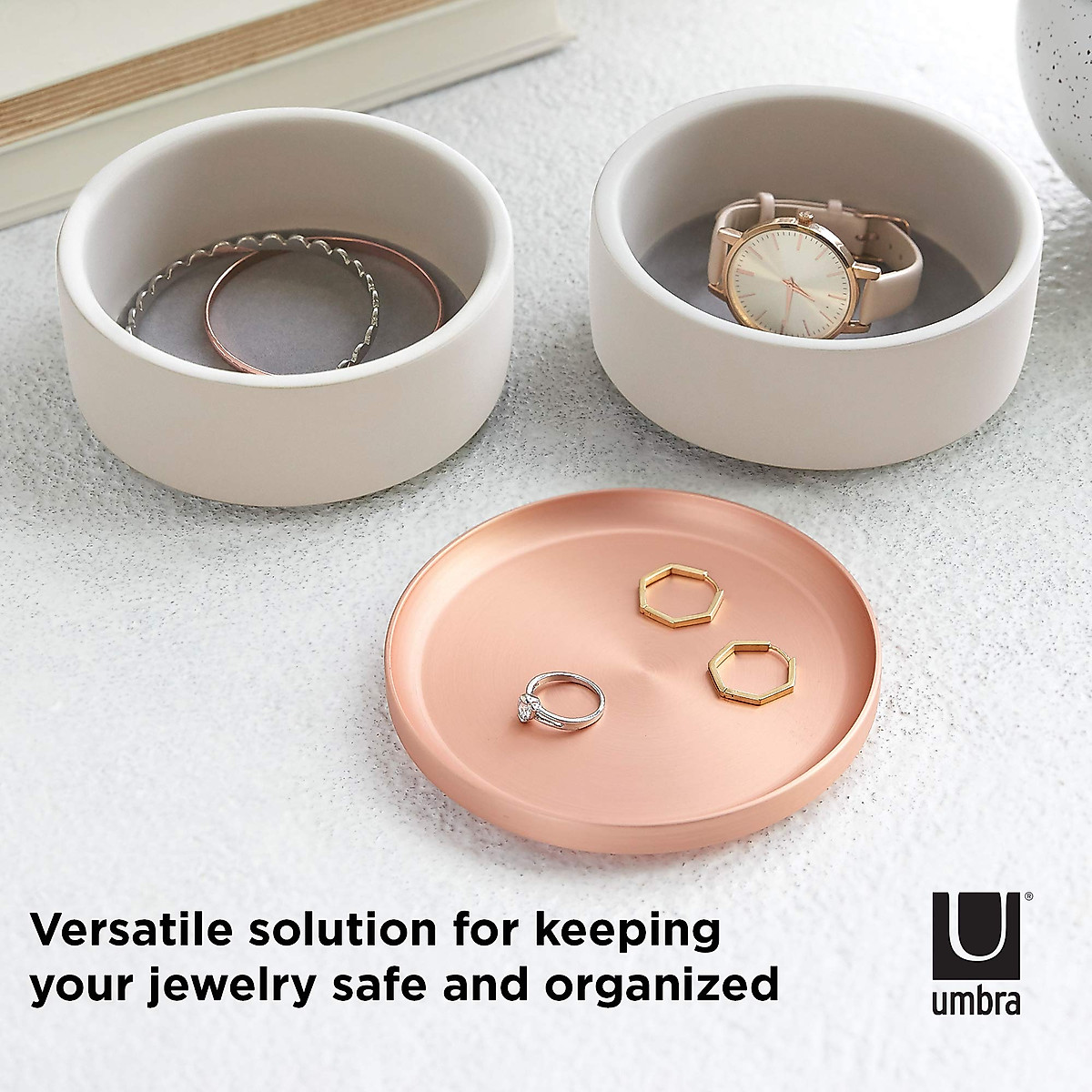 Umbra Tesora Jewelry Box, Two-Tier Resin Storage Container with Removable Lid, Concrete/Copper
