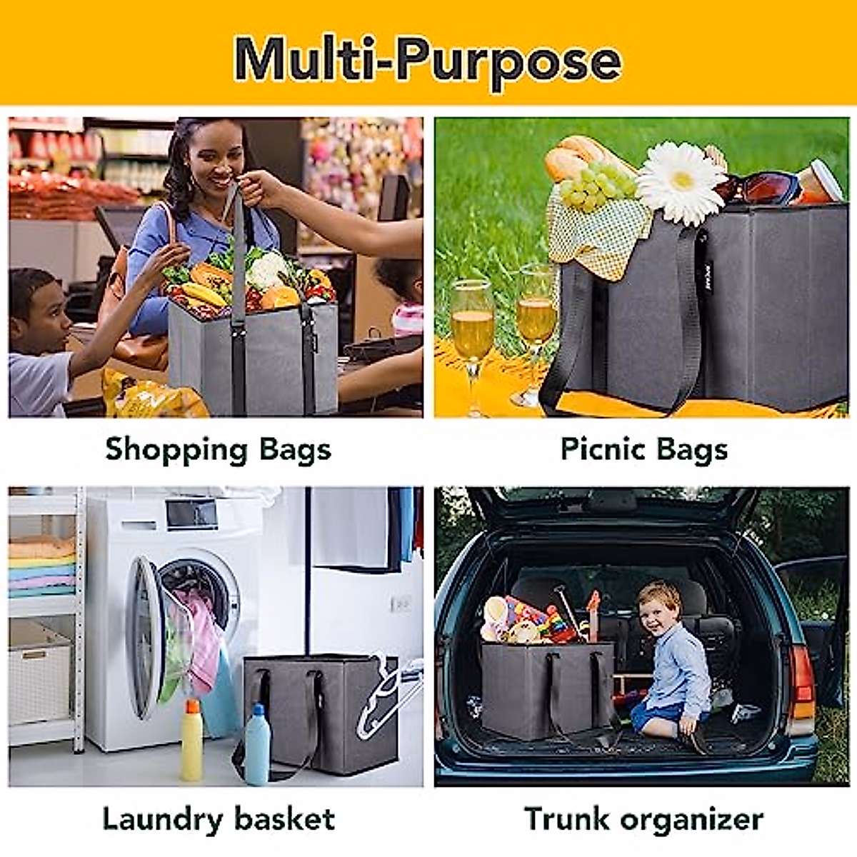 XPCARE 4Pack Reusable Grocery Bags - Heavy Duty Reusable Shopping Bags with Box Shape to Stand Up, Stay Open, Fold Flat - Foldable Grocery Tote Bag with Long Handles & Reinforced Bottom Grey
