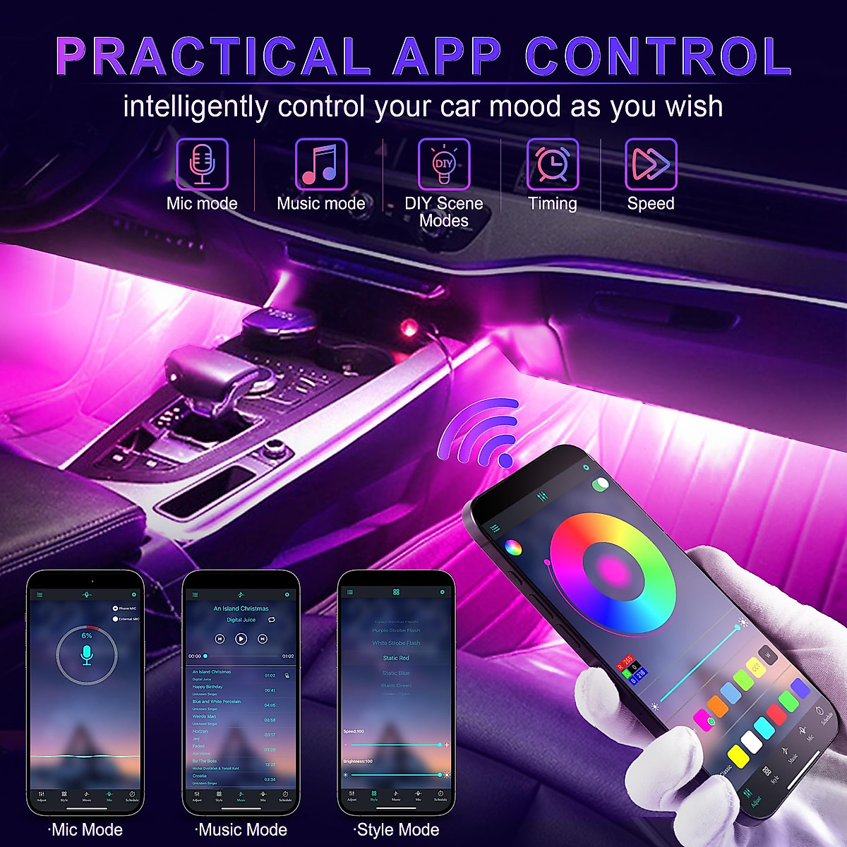 LivTee Accent Interior Car Lights, Smart Car Interior Lights with App Control, RGB LED Lights with Music Mode and DIY Mode, 2 Lines Design LED Lights for Cars with Charger, Car Accessories for Women