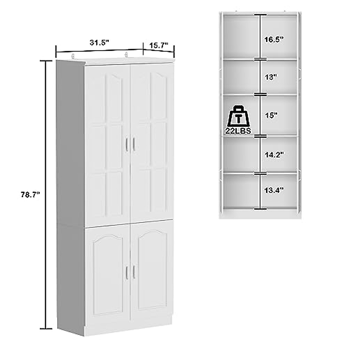 Homsee Tall Bookcase Bookshelf with 5-Tier Shelves & 2 Carved Glass Doors, Wooden Display Storage Cabinet with Arched Doors for Home Office, Living Room, White (31.5”W x 15.7”D x 78.7”H)