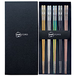 EMRSTORES Stainless Steel Chopsticks - Laser Engraved Premium Multicolor Reusable Chopsticks - 5 Pairs Dishwasher Safe Metal Chopsticks - Easy to Use - Square Lightweight Chop Sticks - Gift Set