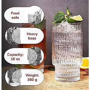 Huge Estate 16OZ Ribbed Glassware, Luxurious Glass Drinking Cups with Matching Straws – Vintage Drinking Glasses for Water Iced Coffee Smoothie Juice – 4pcs Ribbed Glasses