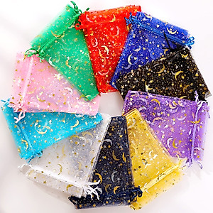 ENNIYU 100 Pieces Moon Star Organza Bags, 4x6“ Mixed Color Christmas Wedding Favors Gift Drawstring Bags Jewelry Pouches Candy Mesh Pouches