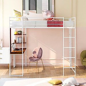 Full Size Metal Loft Bed with Shelves and one Desk, Multifunctional Loft Bed Frame for Teens/Adults (White, Full)