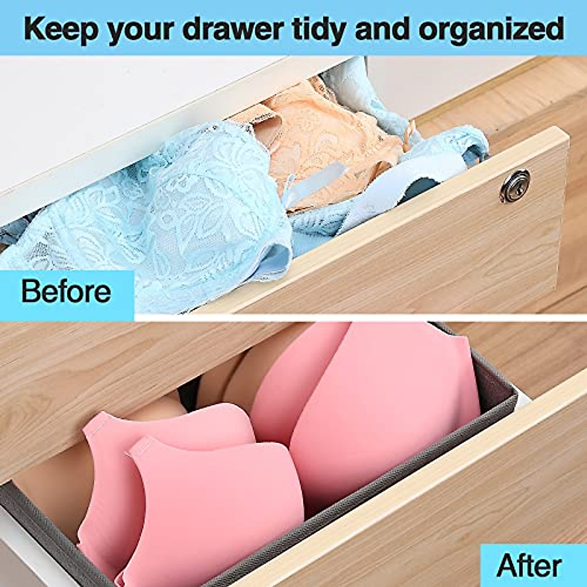 GOGOODA Bra Socks Drawer Organizers, 3 Pack Foldable Bra Drawer Organizer with Large Compartments -Washable PBT Fabric, Cabinet Organizer Box for Bras, Socks,Ties(4 +4+24Cell,Gray)