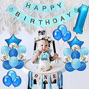 Baby 1st Birthday Boy Decorations with Crown High Chair Banner Cake Smash Party Supplies - Happy Birthday ONE Burlap Banner, No.1 Crown, Glitter Cake Topper
