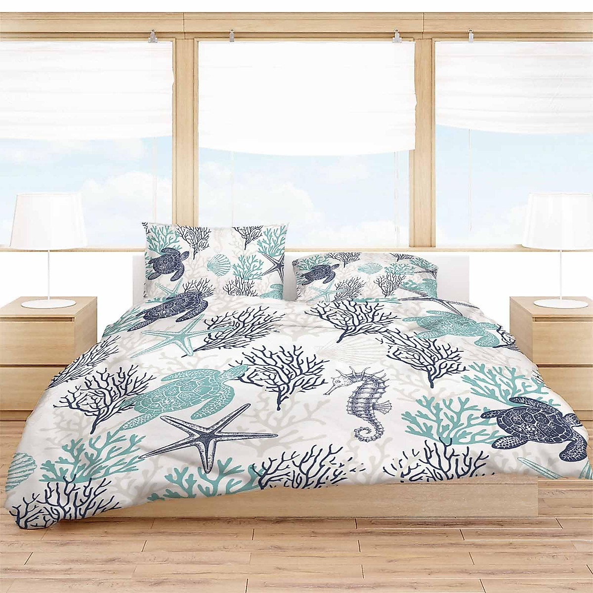 Lsrtoss Teal Blue Coastal Queen Duvet Cover Set for All Season, Sea Turtle Nautical Coral Summer Beach Microfiber 3 Piece Bedding Set with 2 Pillowcases & 1 Quilt Cover, 90" W x 92" L, Queen Size