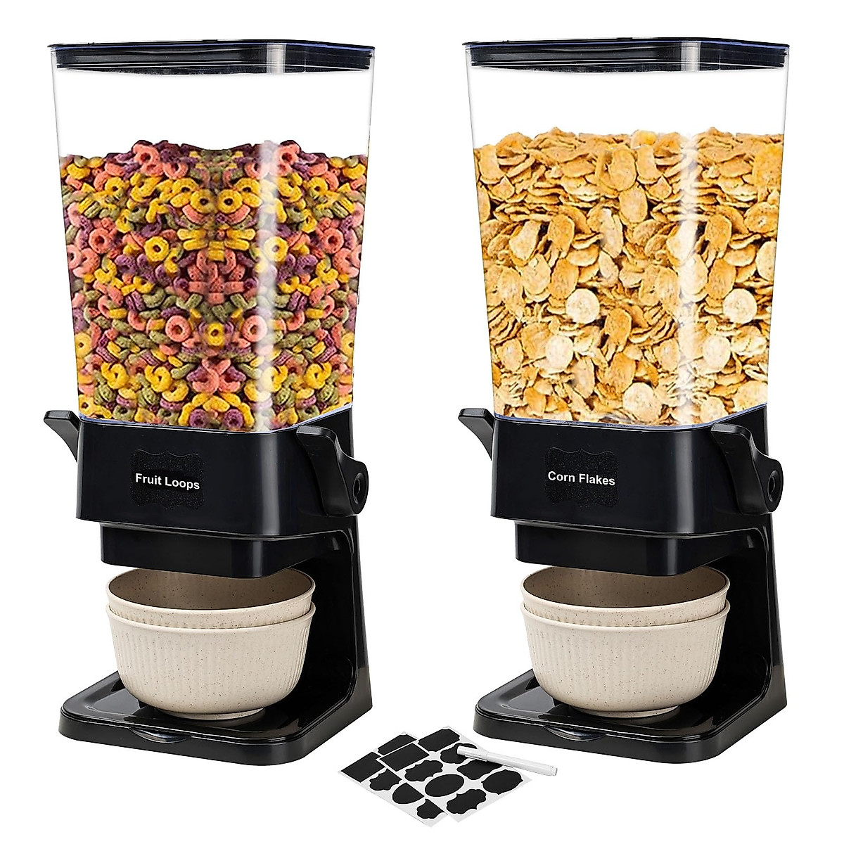 Qozzix Cereal Dispenser Countertop with Cereal Bowls,16 Labels & Pen, Cereal Containers Storage, Candy Dispenser, Dry Food Dispenser For Pantry - Not Easy to Crush Food (Black, 2 Pack)