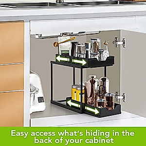 2-Tier Under Sink Organizer Storage, Double Sliding Under Cabinet Basket Organizer with 2 Pull Out Drawers & 4 Hooks, Multi-Purpose Under Shelf Organizer for Bathroom Kitchen (1 Pack)