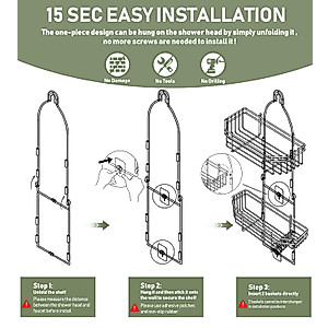 WXCGX Hanging Shower Caddy Over Shower Head Organizer: Height Adjustable Large Bathroom Storage Shelf with Soap Holder - Stainless Rustproof Shower Rack Basket with Hooks for Sponge Razor - Silver
