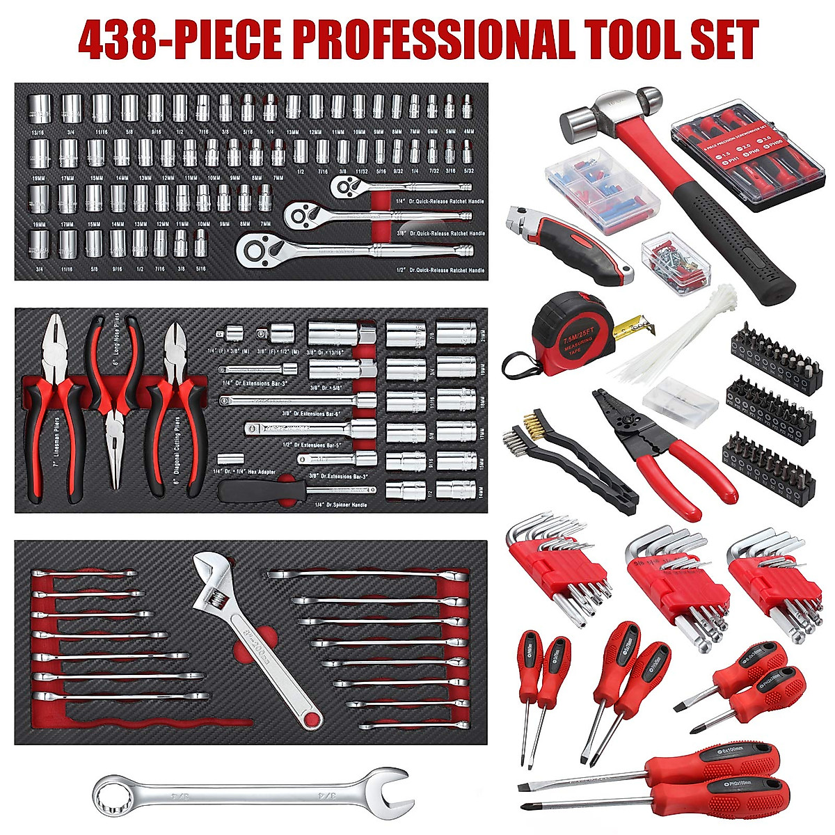ARUCMIN 438-Piece Mechanics Tool Set with 3-Drawer Heavy Duty Metal Box Repair Tool Kit