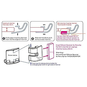 Mobile Phone Holder, That Clip on Monitor for Laptop or Desktop Within 25mm Thickness, Cell Phone Stand Smart Phone Dock Mobile mounts Phone Clip for Universal Computer Display, Cell Phone Mount