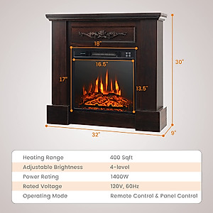 COSTWAY 32-inch Electric Fireplace with Mantel, 1400W Fireplace Heater with Remote Control, 3-Level Realistic Flame, 6H Timer, Overheat Protection, Wooden Surround Fireplace for Living Room, Brown