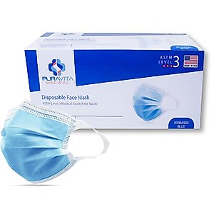 PURAVITA 3 Ply Ultra Soft Earloop Face Mask - High Filter Efficiency ≥ 98% - MADE IN USA - ASTM Level 3 - Box/50