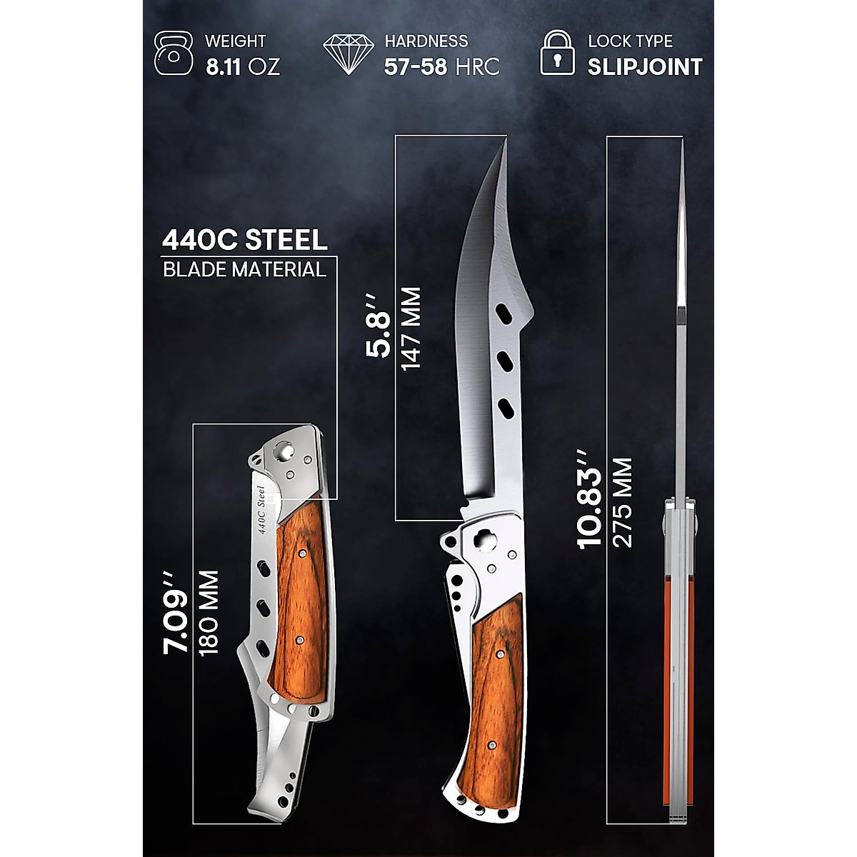 Long Blade Folding Knife - Sharp Hunting Hiking Camping Tactical Survival Work Knives for Men Women - Foldable Large Knife with Rosewood Handle - Fits any Knife Sharpener - Father s Day Gifts 4172