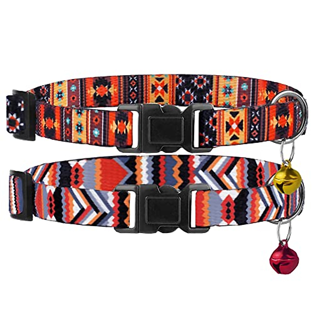 Breakaway Cat Collar with Bell - 2 Pack Safety Tribal Pattern Geometric Aztec Print Collars for Cats Kitten (Tribal + Geometric)
