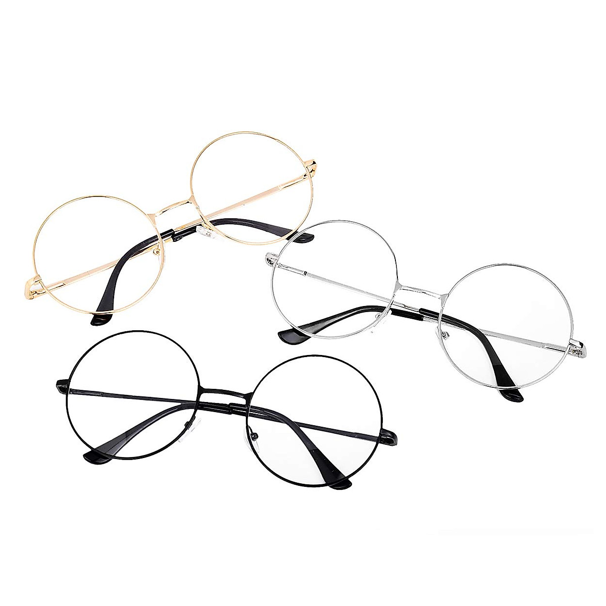 PLAY BLING Large 2" Metal Frame Round Glasses Set of 3 Clear Lens Glasses Lightweight Circle Eyeglasses for Women Men (Clear)