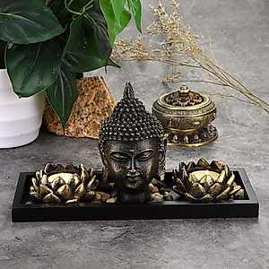 OwnMy Buddha Head Sculpture Statue with 2 Lotus Tealight Candle Holders 1 Wooden Display Tray Decor Stones, Buddha Meditation Votive Candle Holder Candle Stands for Home Decor Table Zen Garden Decor